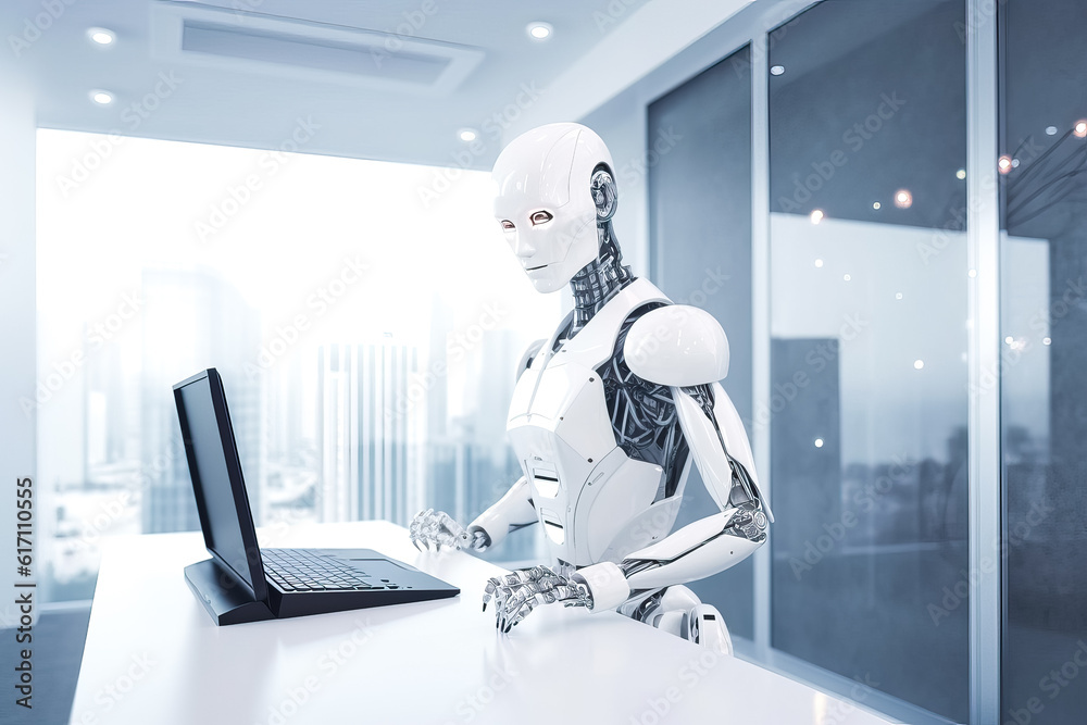 Generative AI illustration of modern robot with bright eyes and ...