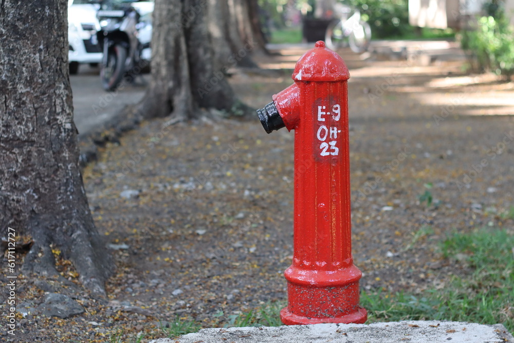 Fire hydrant, fireplug, or firecock on a street side. It is a ...