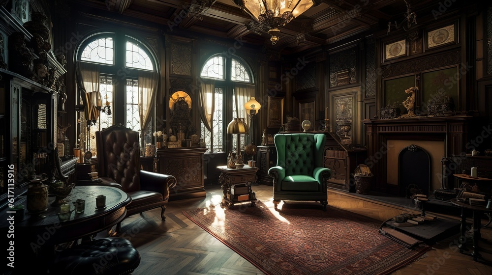 Victorian style new age steampunk interior with staircase and library ...