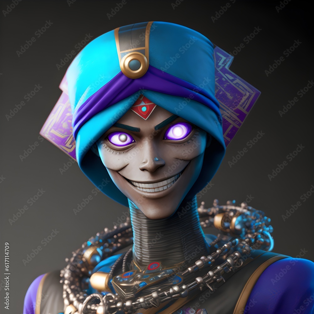 young robot man with blue eyes a friendly grin wearing a yugioh ...