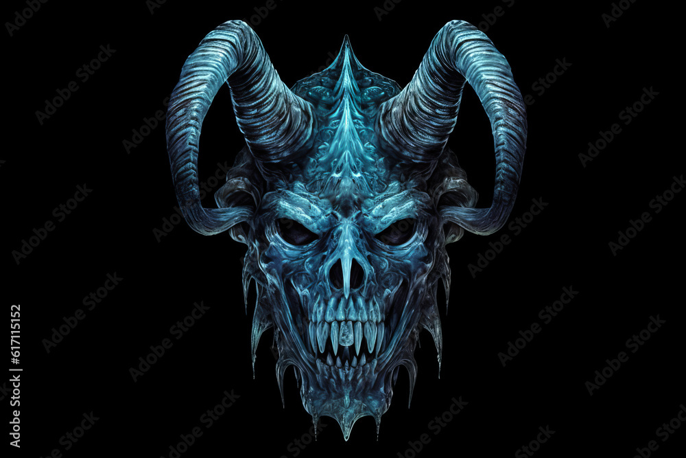 Ice Demon with horns and red fire eyes. Fantasy monster. Head of The ...