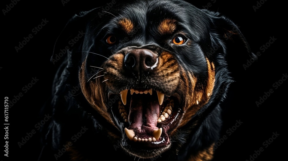 large Aggressive Rottweiler dog. aggressive look, hate filled eyes ...