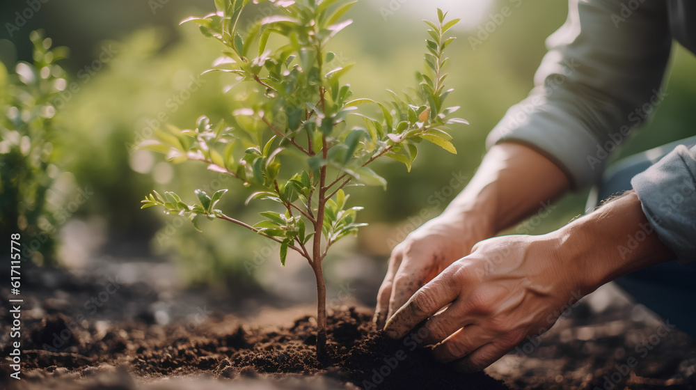 From a side view, a person is captured nurturing a young tree into the ...