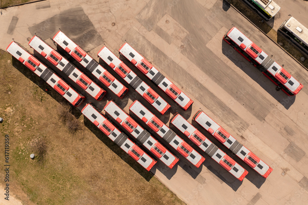 Drone photography of bus parking lot and lot of buses in a line Stock ...