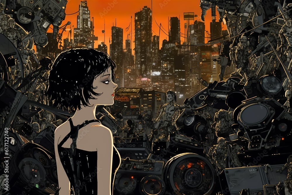 Female android with hordes of robots in cyberpunk environment scenery ...