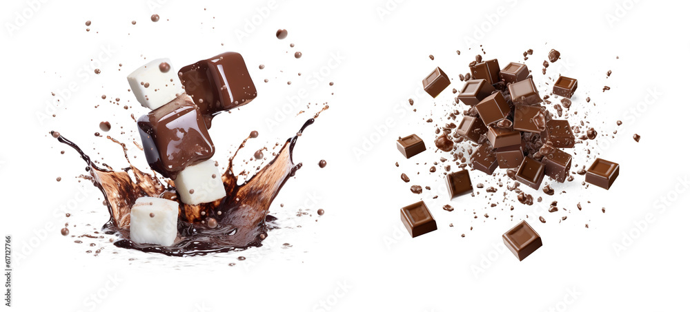 liquid chocolate and bonbons burst explosion splash in the air ...