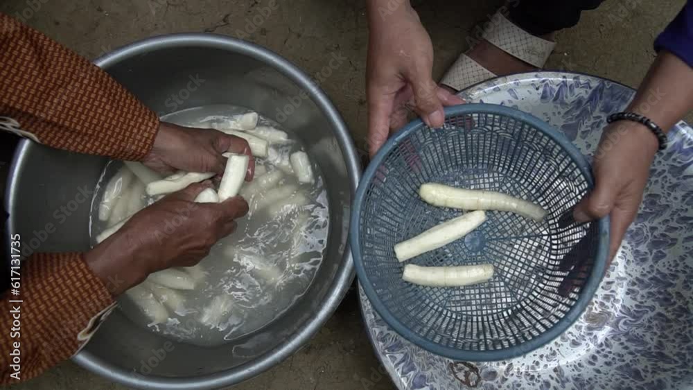 Close up of Asian woman's hands manually washing tubers with a bowl of ...