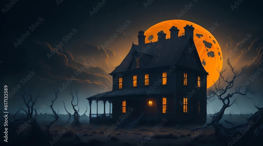 tenebrous orange lights, horror on halloween, big terrorific mansion ...