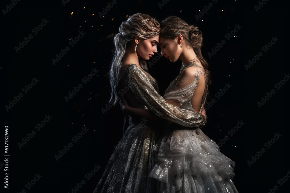 Two girls princess hug each other on black background. Generative ai ...