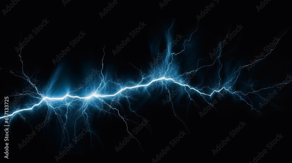 A powerful light blue lightning electrical strike or bolt on a black ...