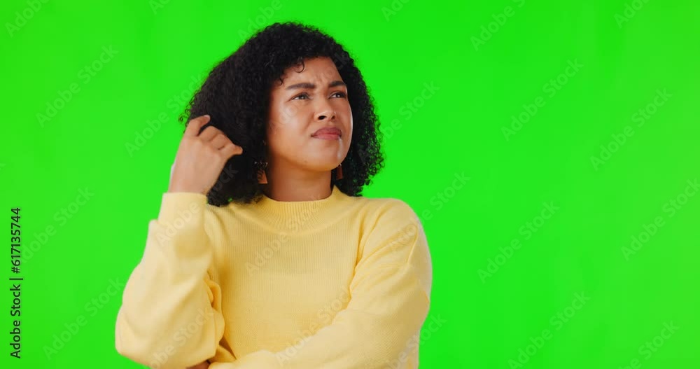 Confused, woman and scratching head in green screen studio with ...