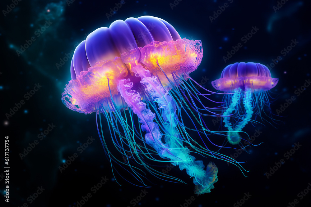 Magic glowing jellyfish underwater. Undersea world. Generative ai Fairy ...