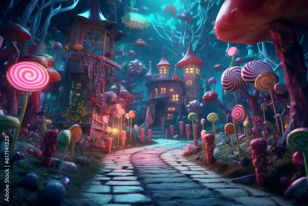 Candy town, lollipop trees. Sweets background. Child Birthday party ...