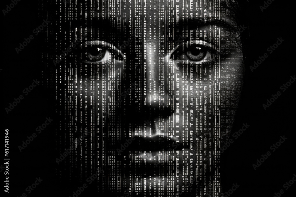 Female face against binary code. Human looking at camera from matrix ...