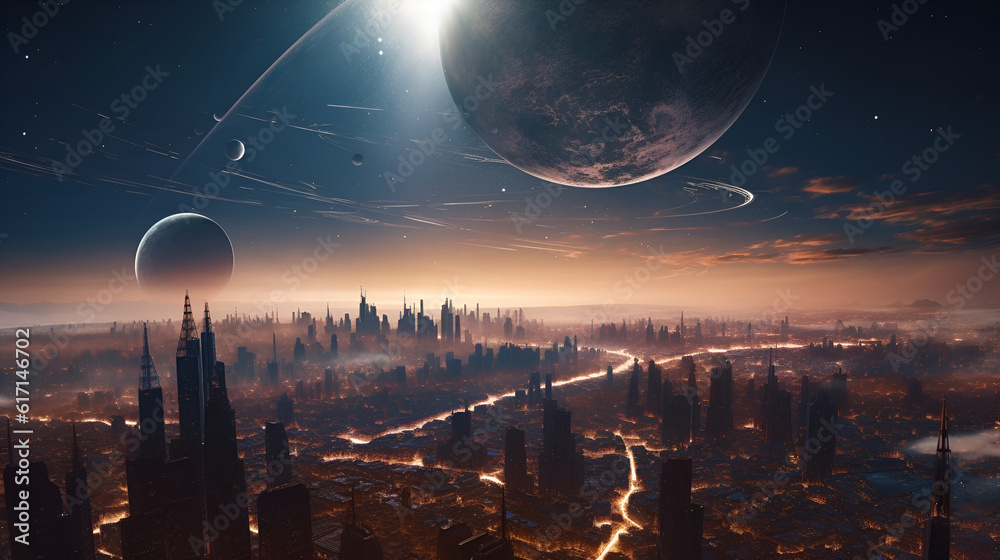 Sprawling city view with towering skyscrapers in a alien setting with ...