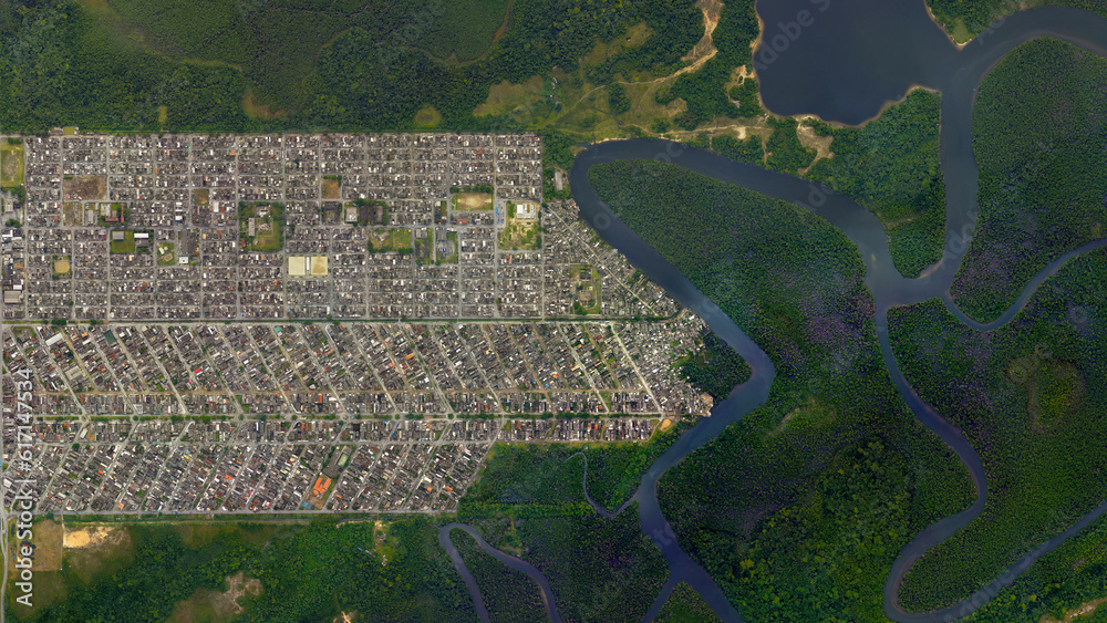 Forest, river and city border, forest and city separated by zigzag line ...