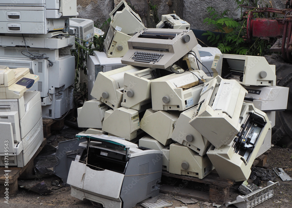 Pile of office machine waste. Ready for recycling printes and ...