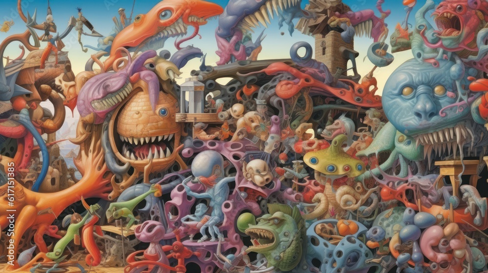 A complex surrealist painting with intertwined faces and objects. It ...