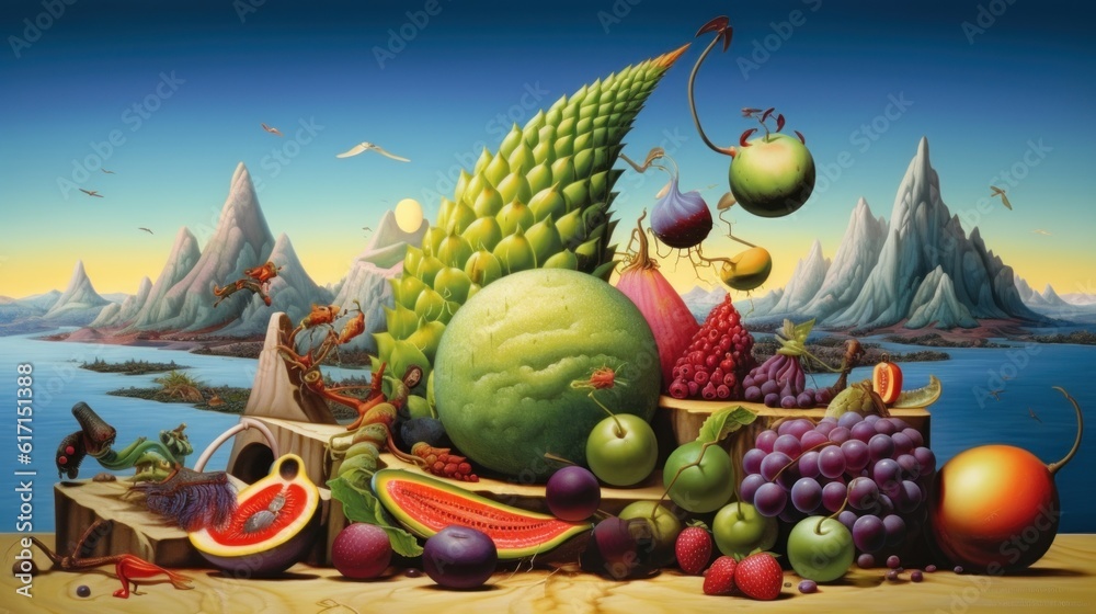 A surrealist fruit painting displays unusually large and oddly shaped ...