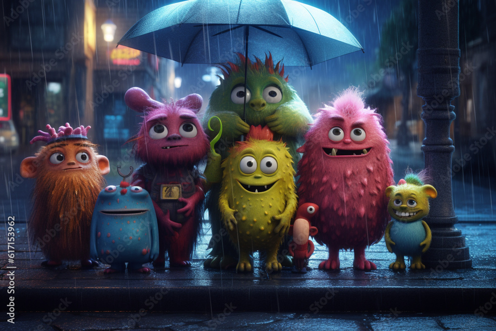 Cute and sad alien monsters lost on the streets of a big city. Waiting ...