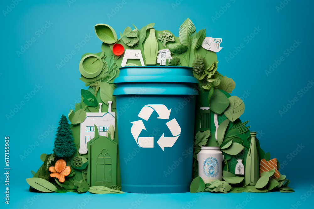 A paper-cut image of a recycling bin filled with various recyclable ...