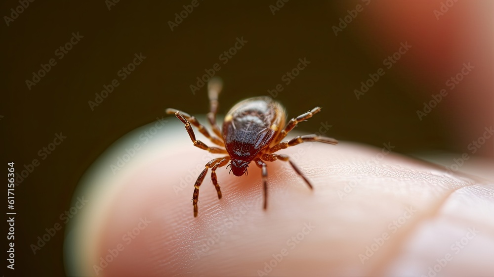 Close-up shot of a deer tick on a finger - the tiny parasite known for ...