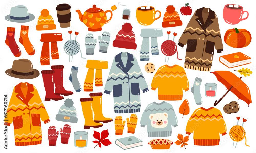 Vector cozy hygge set of autumn icons, symbols. Fall clothes collection ...