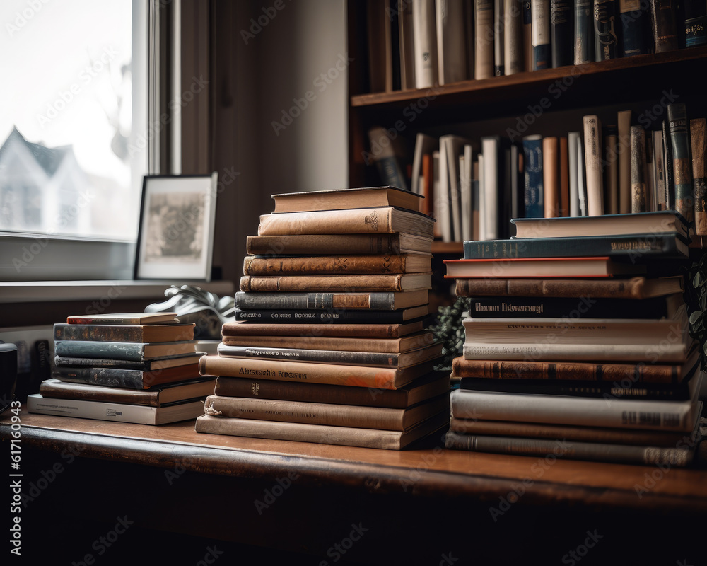 Piles of books on the wooden desk. Bookshelves filled with books at ...