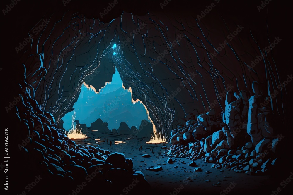 cavernous underground landscape featuring an expansive rocky terrain ...