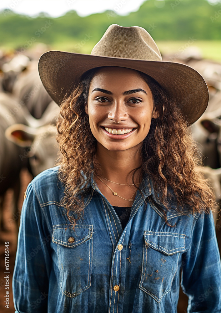 Brazilian woman smiling, cattle farmer, is standing in front of her ...