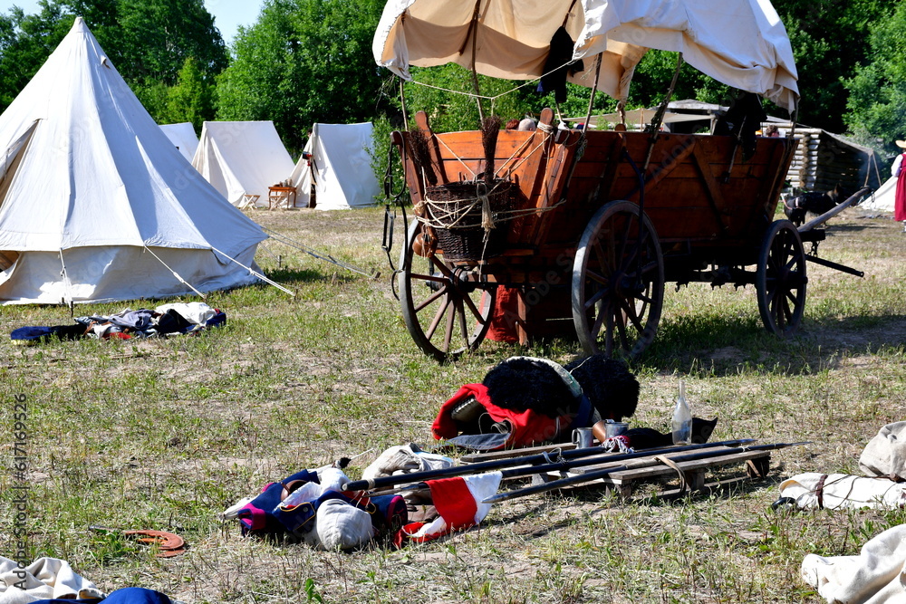 A close up on an old, historical, Napoleonic period tent with some ...