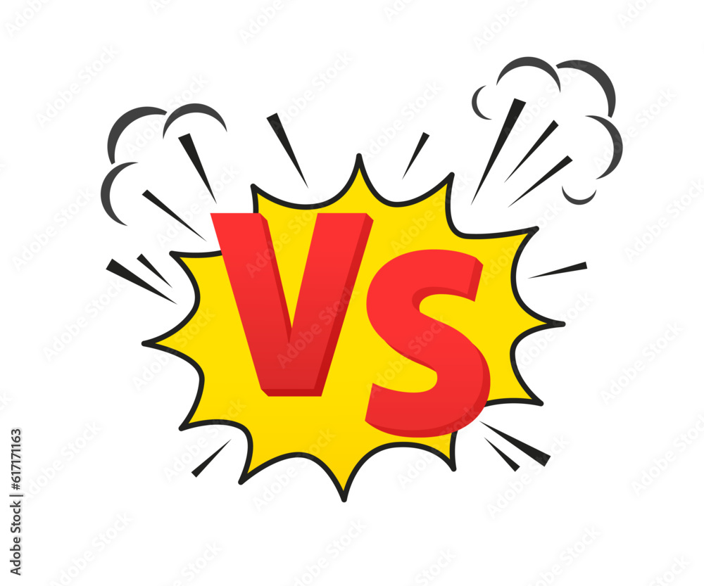 Fight versus pop art comic yellow background with halftone, rays, cloud ...