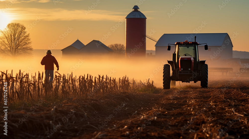 An early morning snapshot of a busy farm, ripe golden cornfields ...