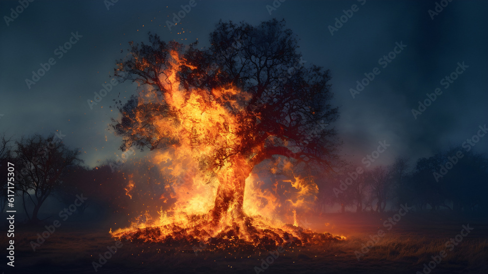 global warming concept, illustration, tree burning, forest fire ...