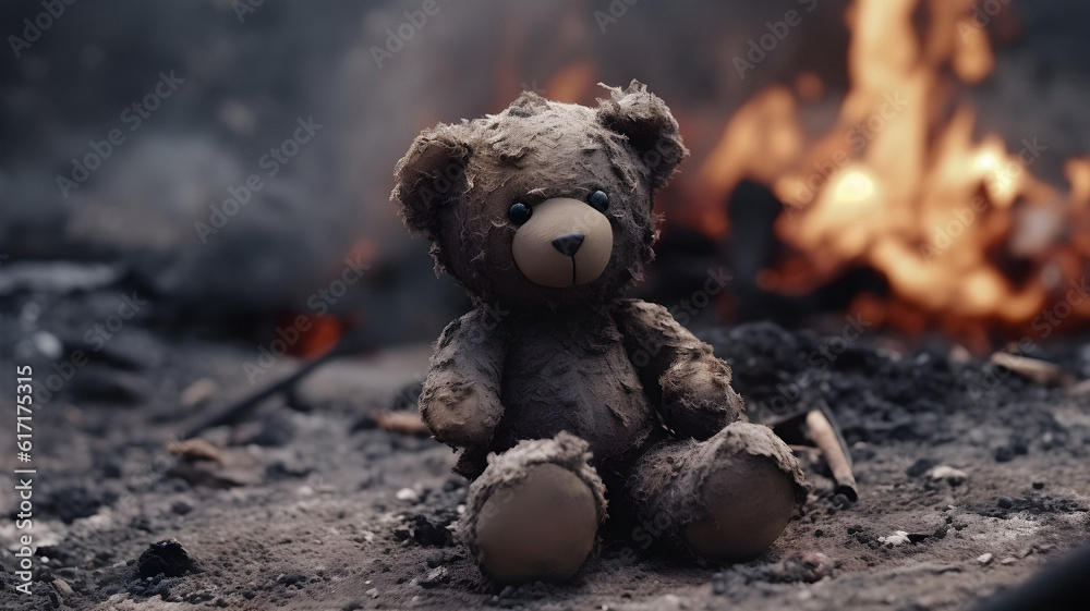 child toys being burned by a forest fire, children vs global warming ...