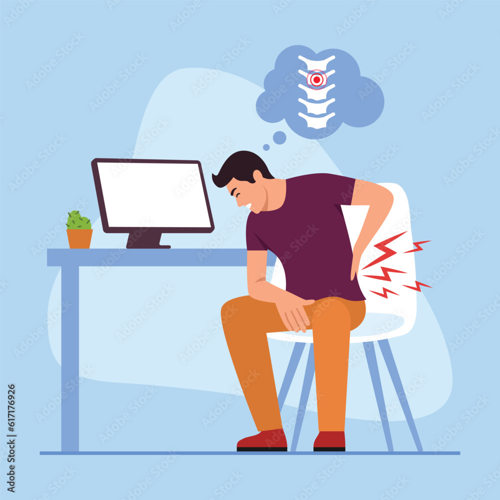 Vector illustration of a boy suffering from back pain. Cartoon scene ...
