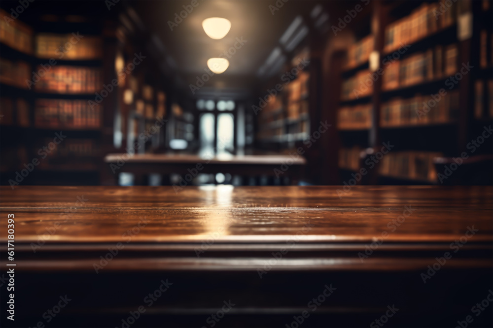 Dark empty wooden table and blurred dark law library in background with ...