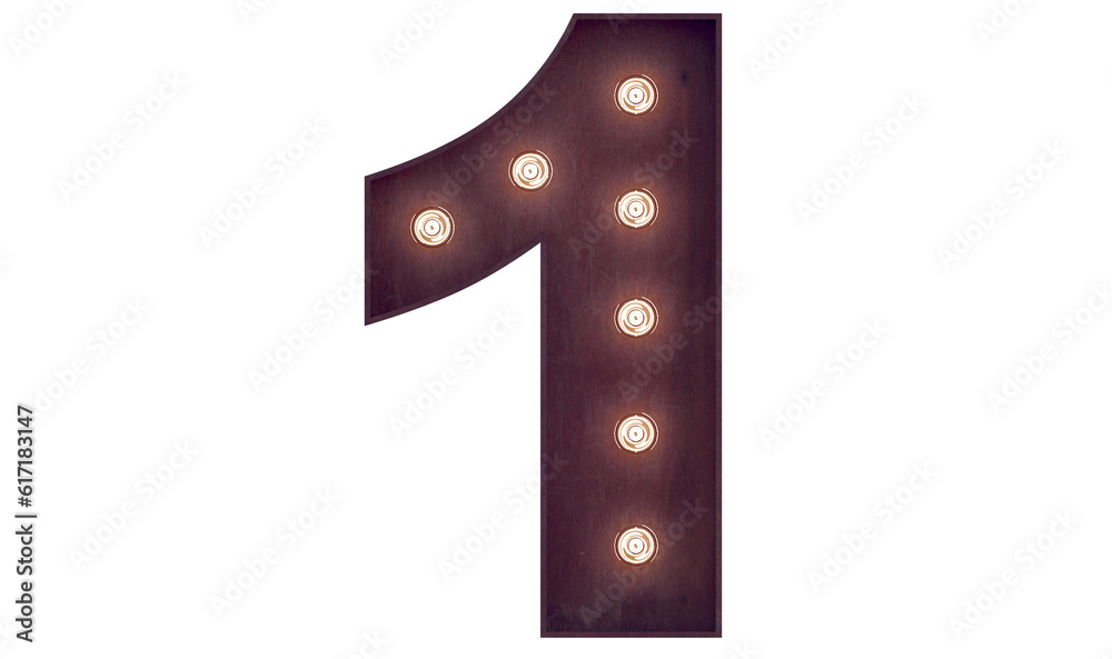 Light bulb glowing digit alphabet character 1 one font. Front view ...