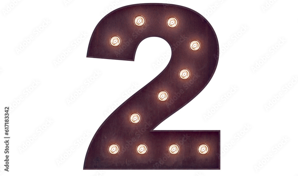 Light bulb glowing digit alphabet character 2 one font. Front view ...