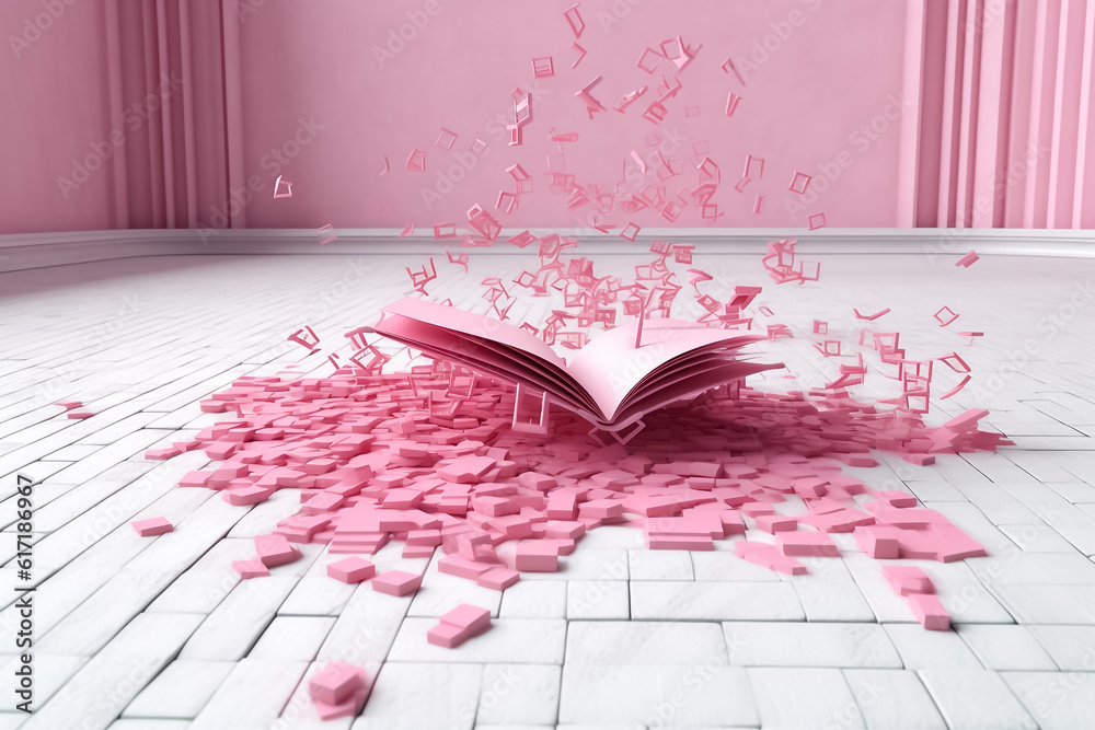 Floating pink notebook cover with swirling paper notes filled with ...