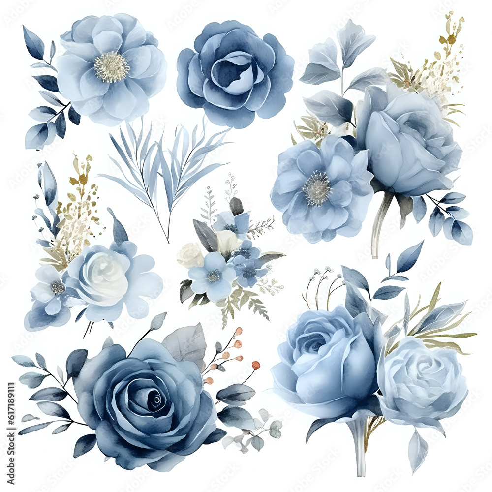 Watercolor design elements of blue flowers, leaves, eucalyptus ...