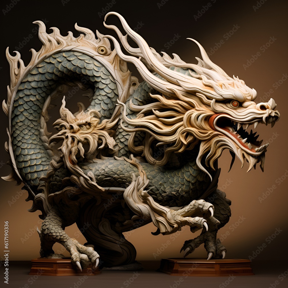 Traditional-style Japanese Dragon Carved from wood, the photo depicts ...