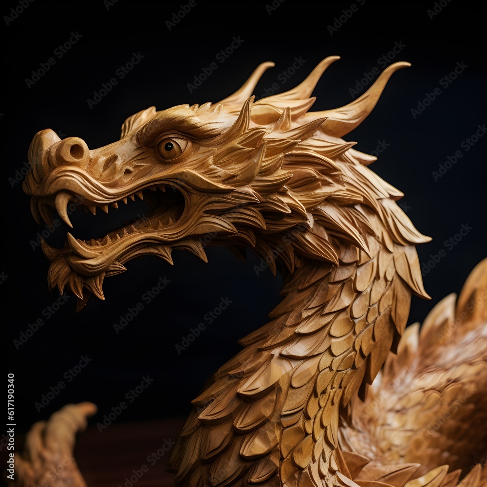 Traditional-style Japanese Dragon Carved from wood, the photo depicts ...
