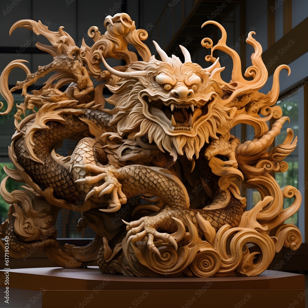 Traditional-style Japanese Dragon Carved from wood, the photo depicts ...