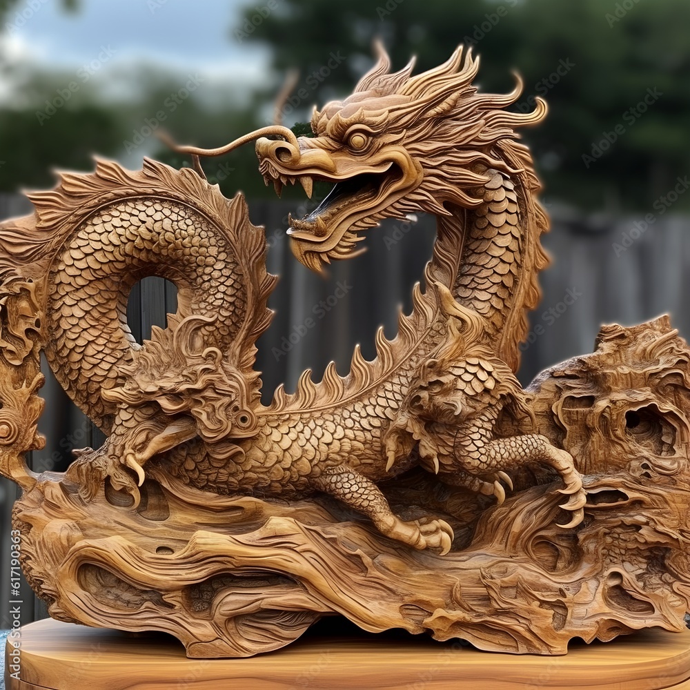 Traditional-style Japanese Dragon Carved from wood, the photo depicts ...