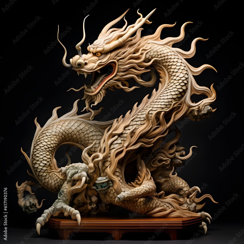 Traditional-style Japanese Dragon Carved from wood, the photo depicts ...