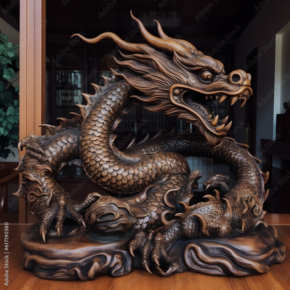 ภาพประกอบสต็อก Traditional-style Japanese Dragon Carved from wood, the ...