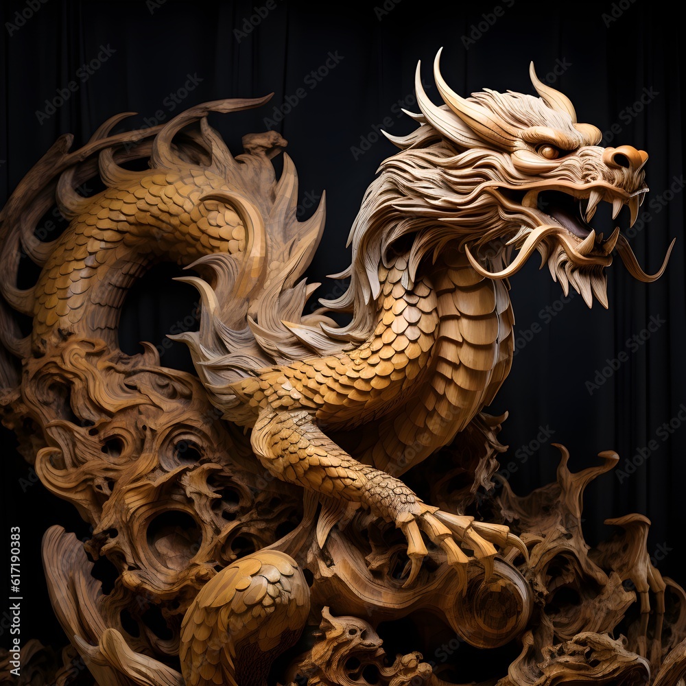 Traditional-style Japanese Dragon Carved from wood, the photo depicts ...