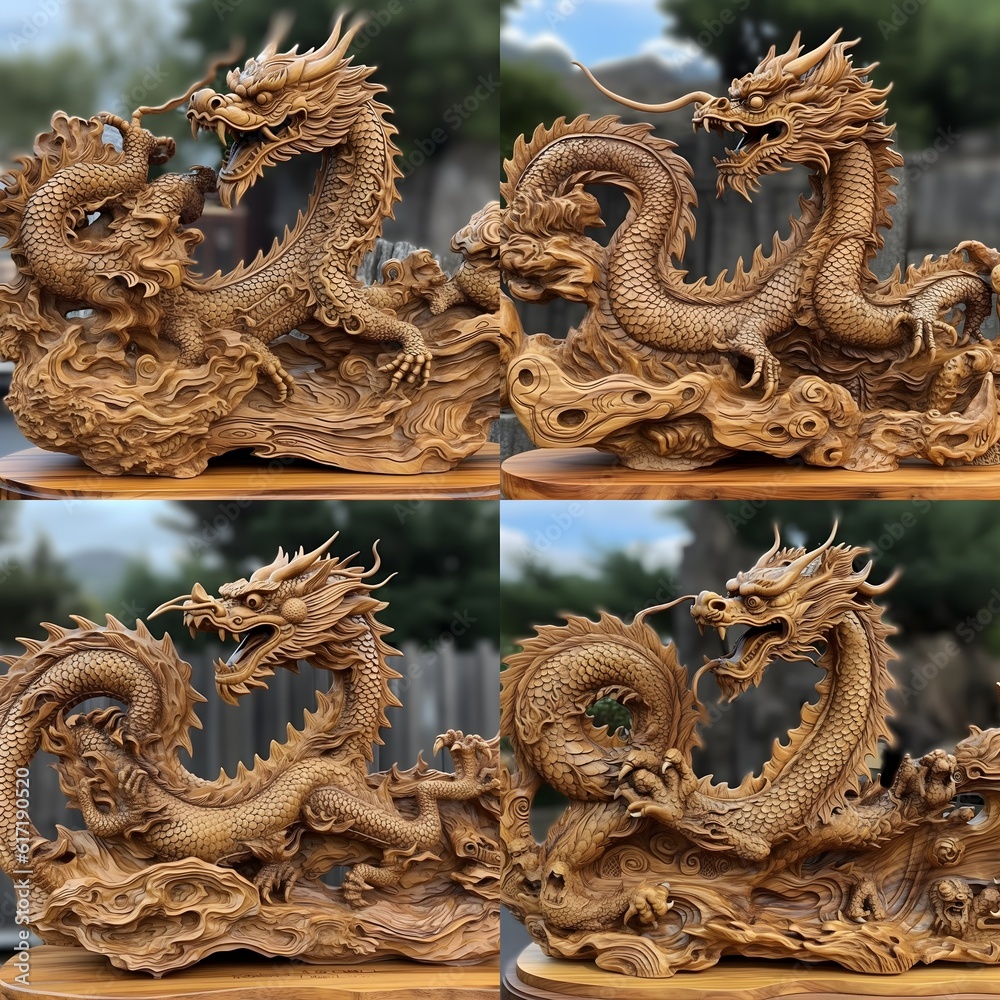 Traditional-style Japanese Dragon Carved from wood, the photo depicts ...