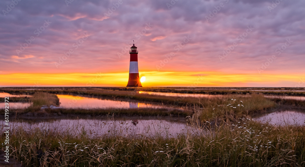 big lighthouse in the middle of a meadow and a beautiful sunset Stock ...